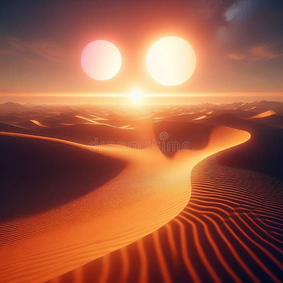 Binary Sunset a Serene Desert Planet with Two Suns Setting Simul Stock ...