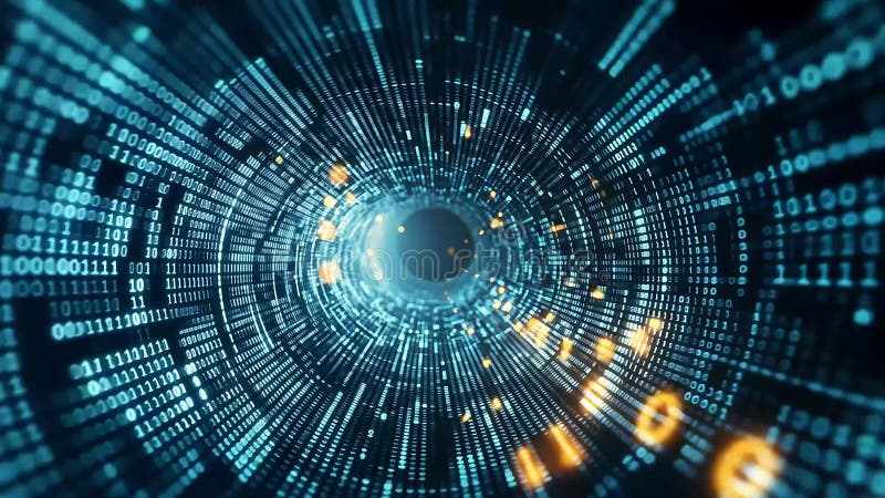 Binary Tunnel with Blue Code Orange Glow. Abstract Digital Data Stream Converging into Central ...