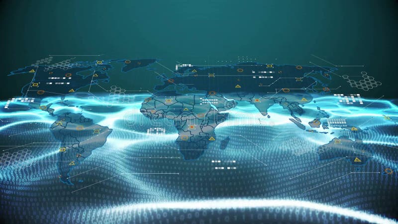 Binary Wave Field Undulating Then Raising Holographic World Map Showing ...