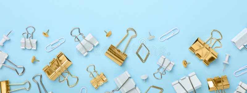 Binder Clips on Light Blue Background, Flat Lay. Banner Design Stock ...