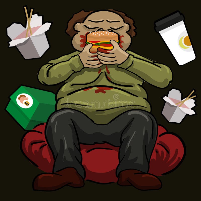 Boy binge eating junk food stock vector. Illustration of dark - 107720214