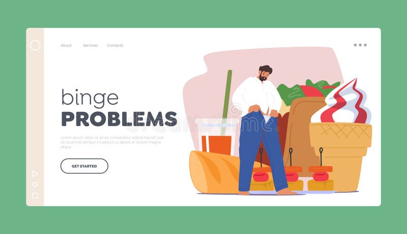 Binge Problems Landing Page Template. Obese Man Struggles To Zip Up ...