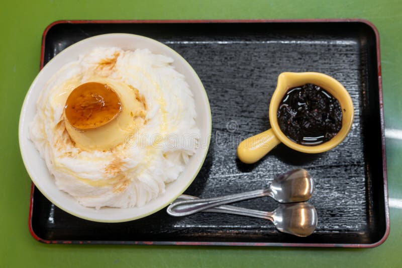 Bingsu, Ice Snow Dessert, with Flan Pudding and Mulberry Stock Photo ...