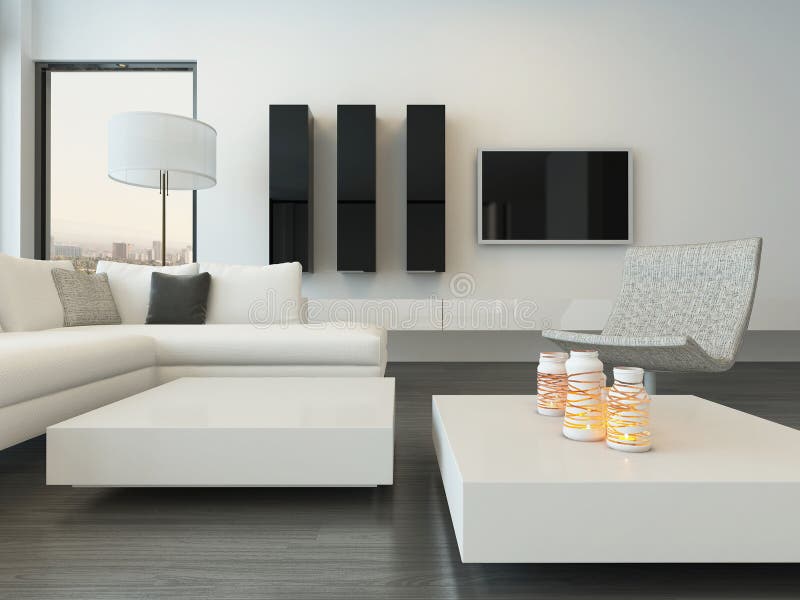 Binnenland Van De Luxe Het Moderne Witte Woonkamer Stock Illustratie ...