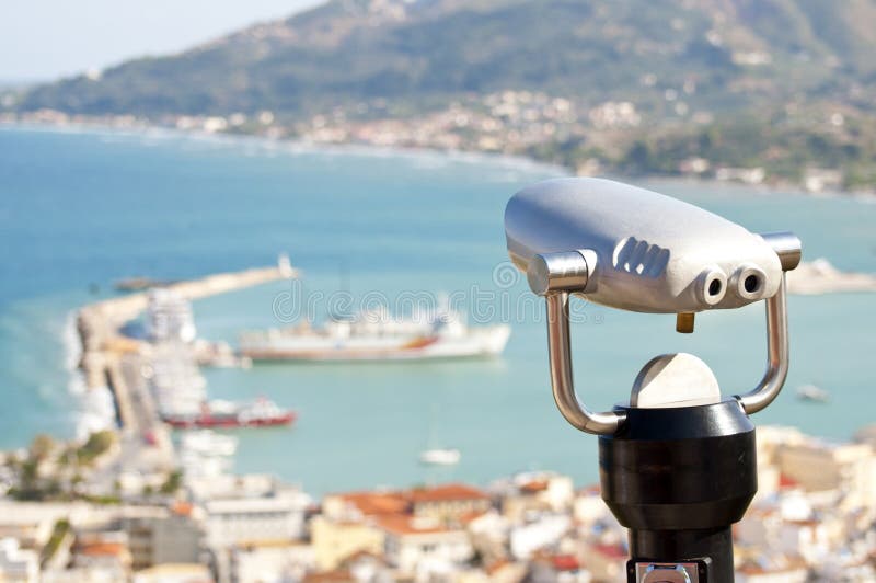 Binocular Viewer Looking Out Over Small Town Stock Image - Image of ...