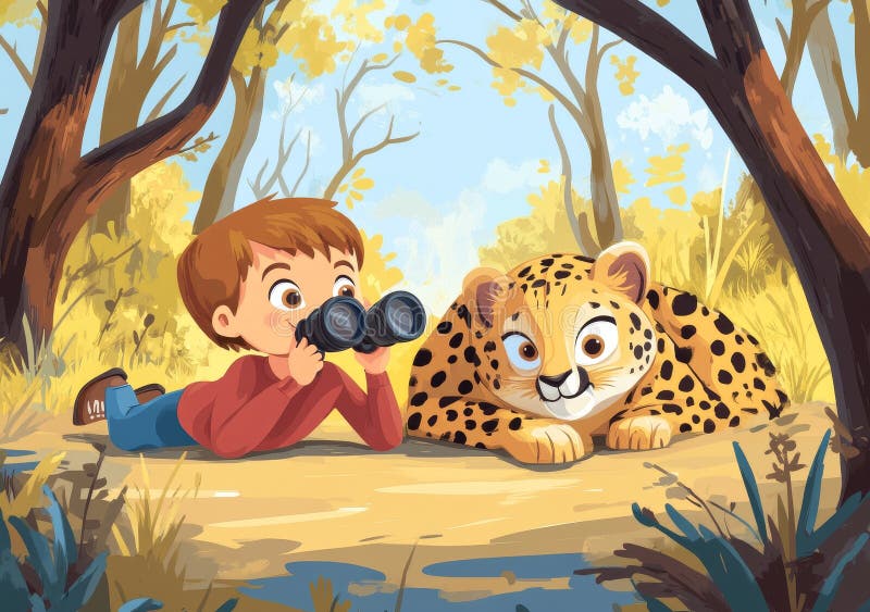 Binocular-wielding Zookeeper Boy with Leopard in Jungle with Binoculars ...