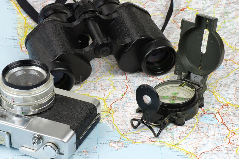 Binoculars, Compass, Camera and Map Stock Photo - Image of hike, trip ...