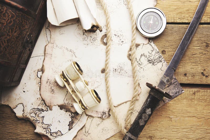 Binoculars, Compass, Knife and on Map Stock Photo - Image of empty ...