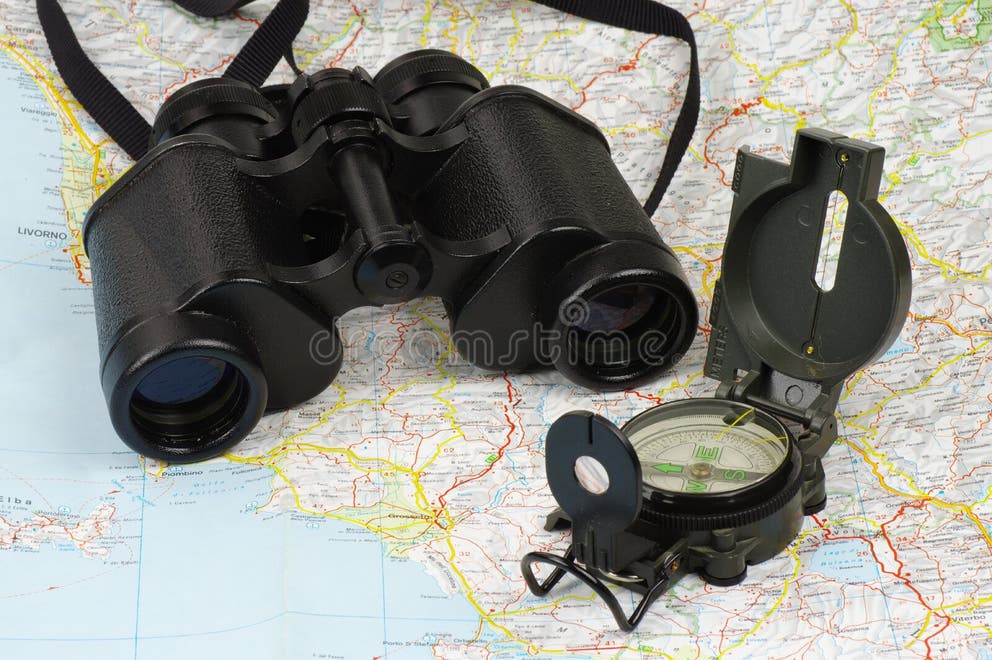 Binoculars, Compass and Map Stock Image - Image of tramp, roam: 74309517