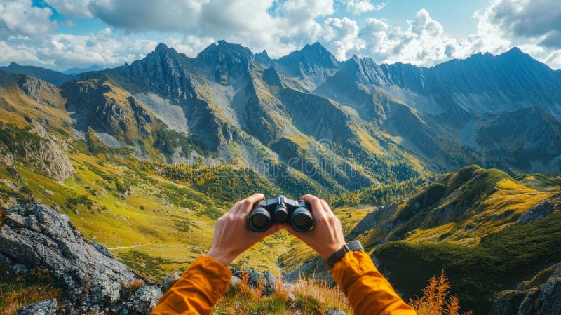 Binoculars Hold in the Hand of a Person Looking Over a Vast Mountain ...