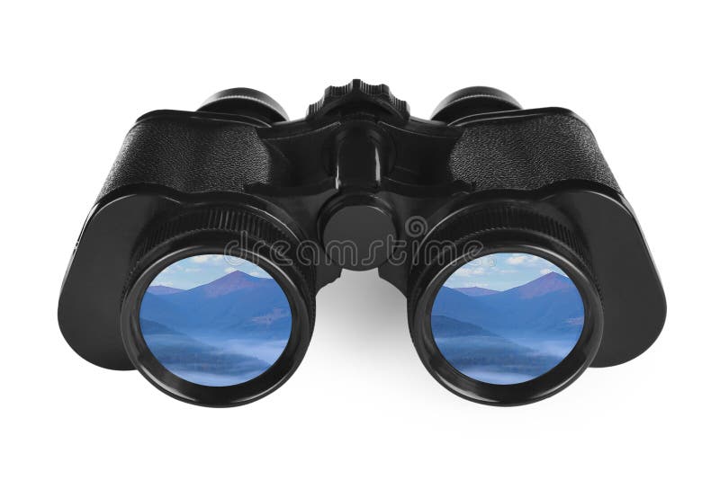 Binoculars on White Background. Mountain Landscape Reflecting in Lenses ...