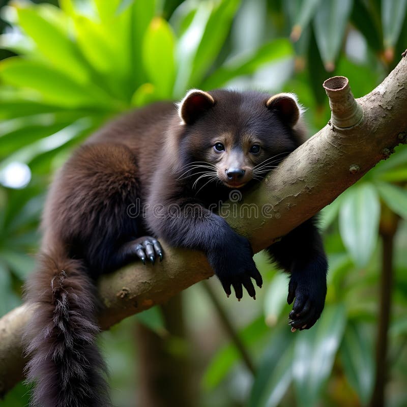 Binturong Relaxing on Tree Branch Amid Tropical Foliage Stock ...