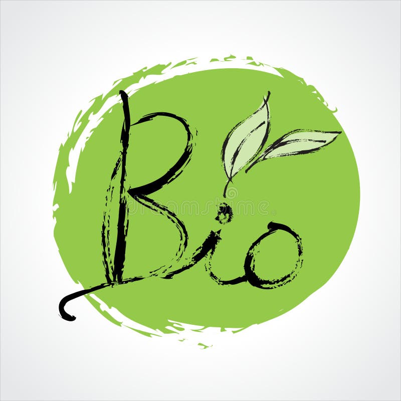Bio Icon with Green Leaf Hand Drawn Vector Illustration, Calligraphic ...