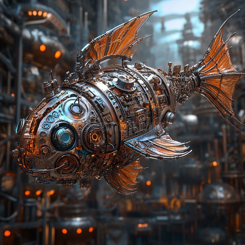 Biomechanical Fish Swimming through a Metallic Ocean Stock Illustration ...