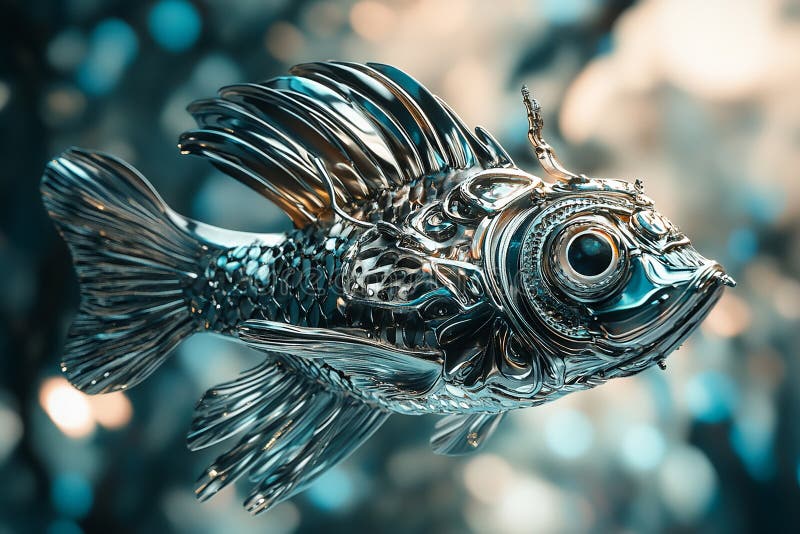 Biomechanical Fish Swimming through a Metallic Ocean Stock Illustration ...