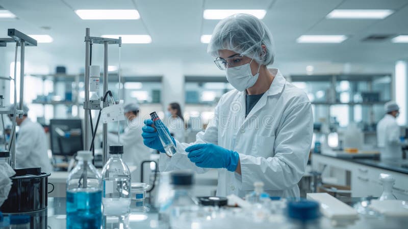 Biochemical Lab Technician Analyzing Samples in a Modern Lab Background ...