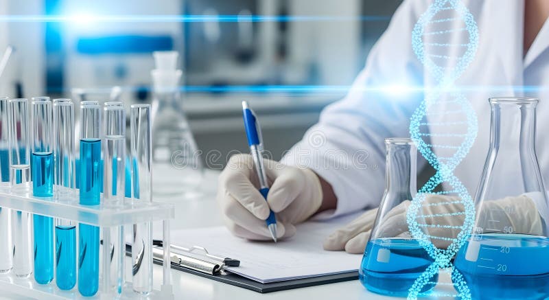 Biochemistry. Scientist Working in Laboratory, Double Exposure with ...