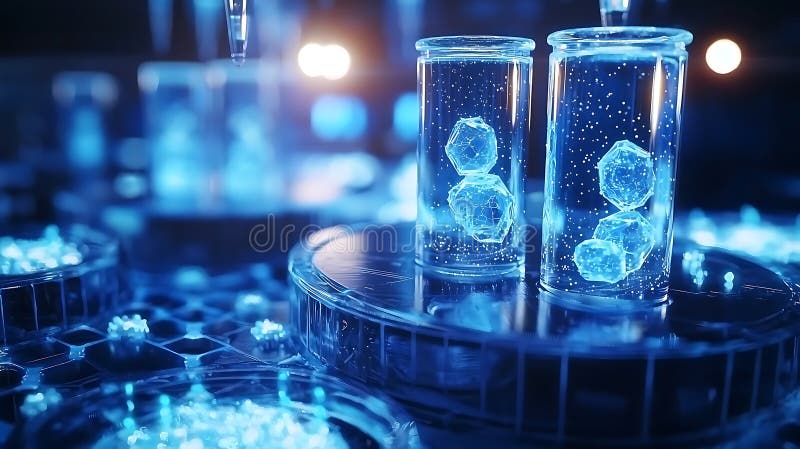 Biocompatible Crystals Laboratory Beakers, Glowing Blue Liquid ...