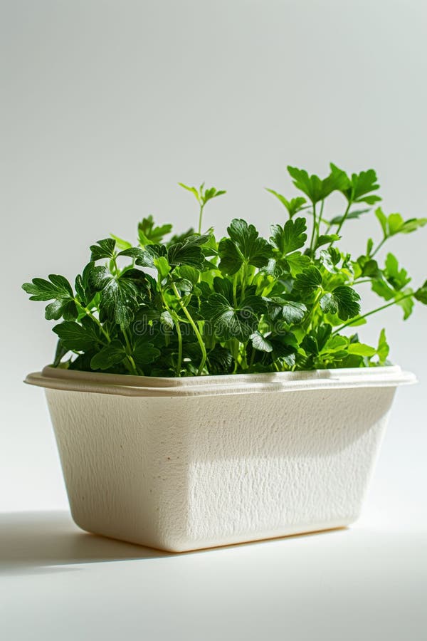 Biodegradable Bagasse Container Filled with Fresh Herbs Against a White ...