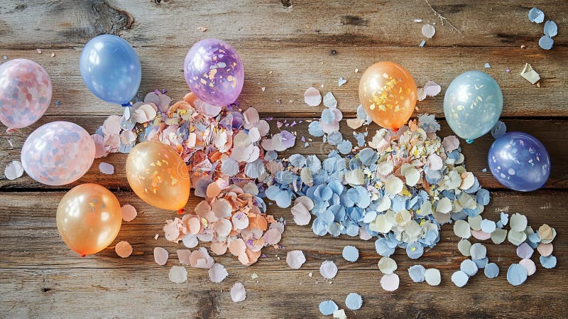 Biodegradable Balloons and Paper Confetti on Wooden Table . Stock Image ...