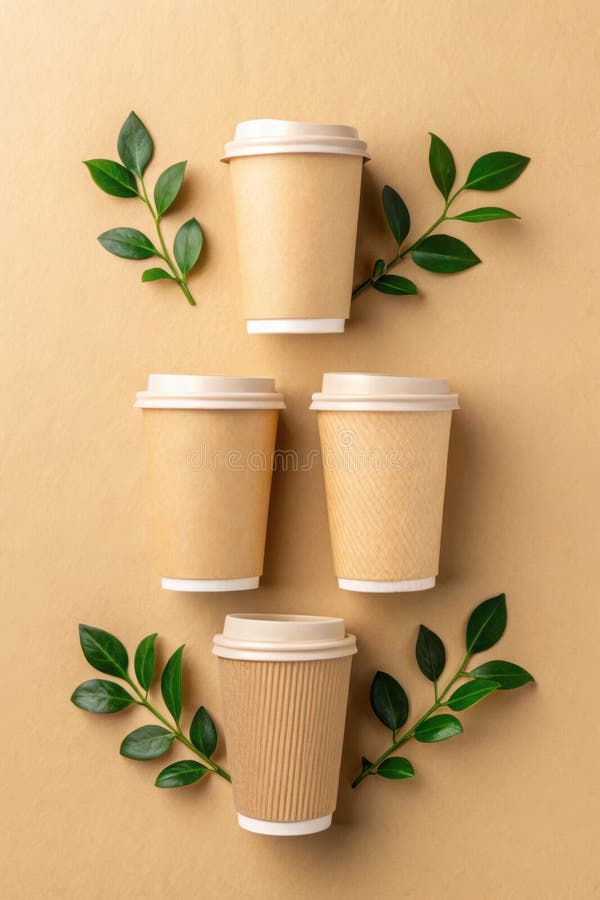 Biodegradable Coffee Cups Arranged with Greenery on a Neutral ...