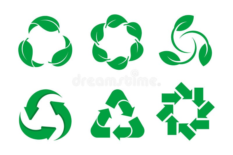 Sustainability Icon Set. Green Arrows and Leaves Rotating. Recycling Symbol Group. Stock Vector ...