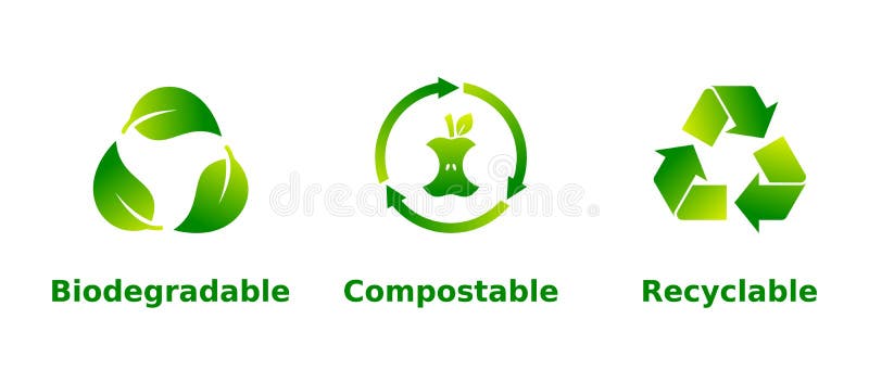 Biodegradable, Compostable, Recyclable Sign Set. Three Green Icons on ...