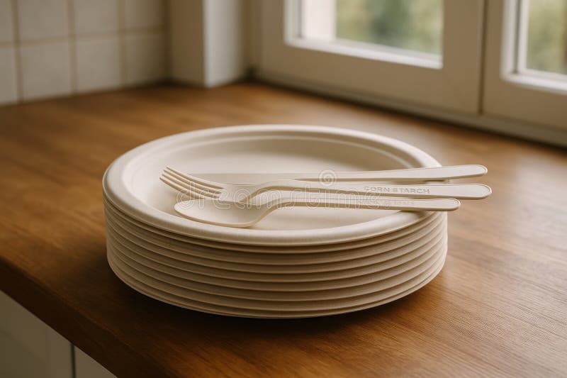 Biodegradable Corn Starch Utensils Rest on a Stack of Eco-friendly ...