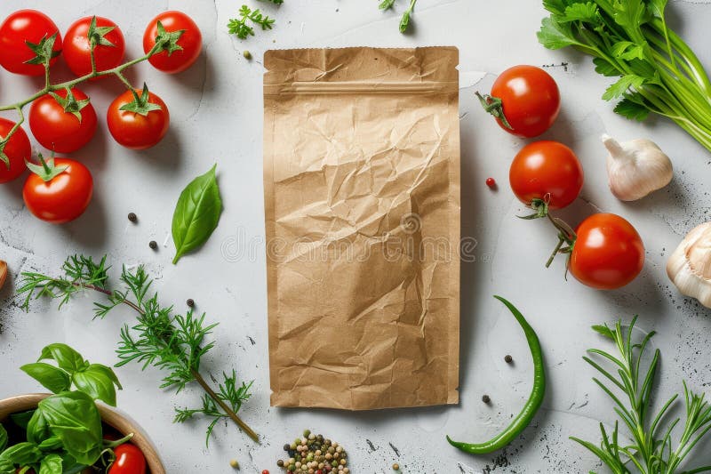 Biodegradable Food Pouch Fresh Herbs Vegetables White Rustic Table ...