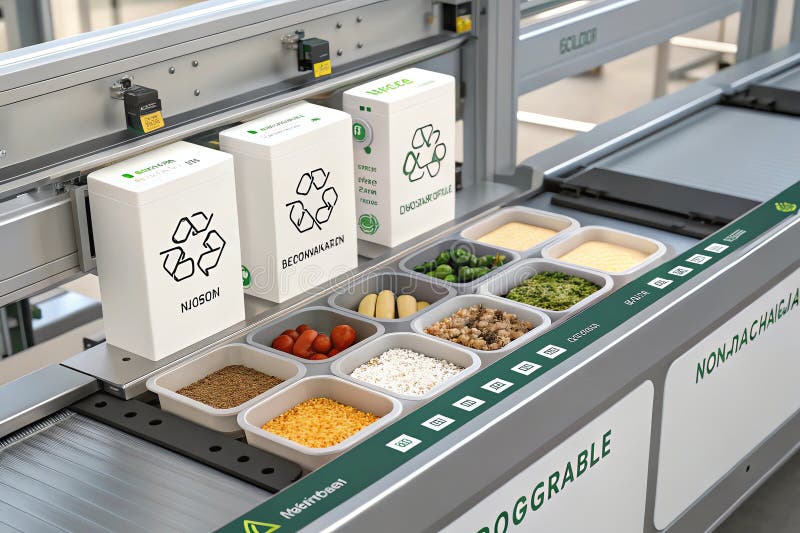Biodegradable Packaging on Automated Conveyor with Assorted Food ...