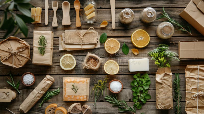 Biodegradable Packaging Materials on Wooden Table Showing ...