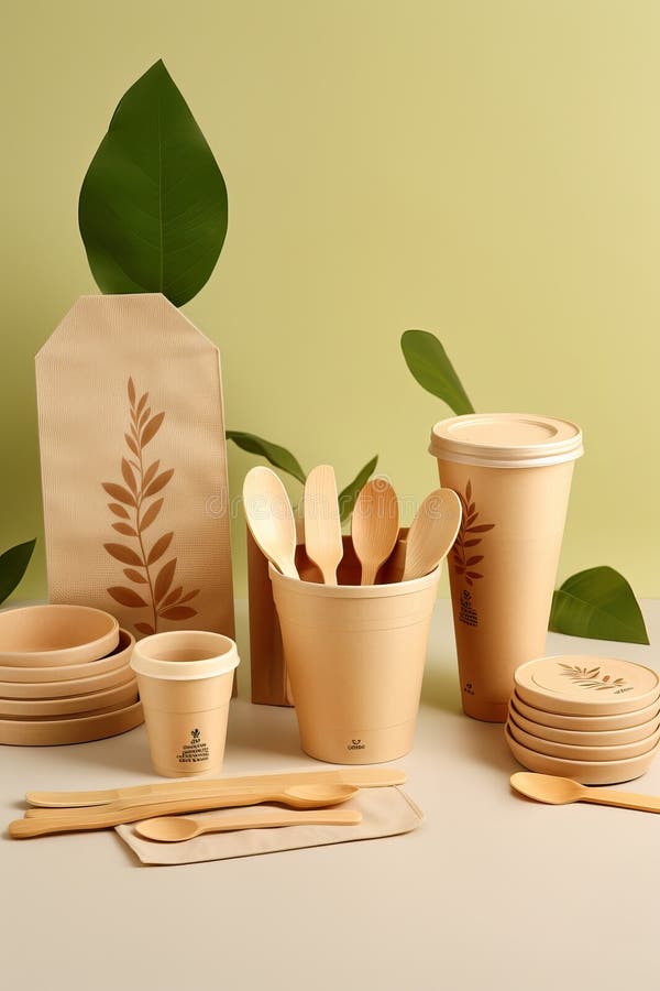 Biodegradable Products. Peper Cups, Plates and Buds Made of Eco Craft ...