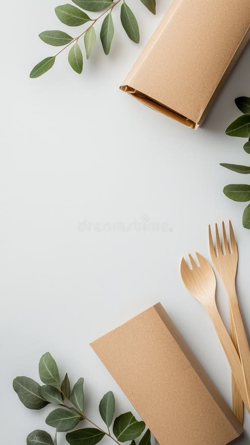 Biodegradable Takeout Boxes and Wooden Forks on a Light Background ...