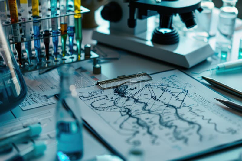 Bioengineering Workstation with Genetic Diagrams and Lab Equipment for ...