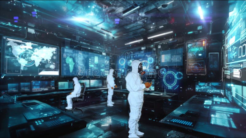 Bioengineers in Protective Suit Working with Computer-Powered Animated ...