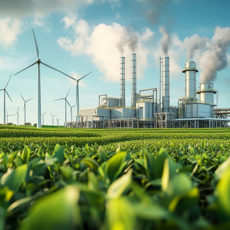 Biofuel Processing Plant with Wind Turbines in Background Stock ...