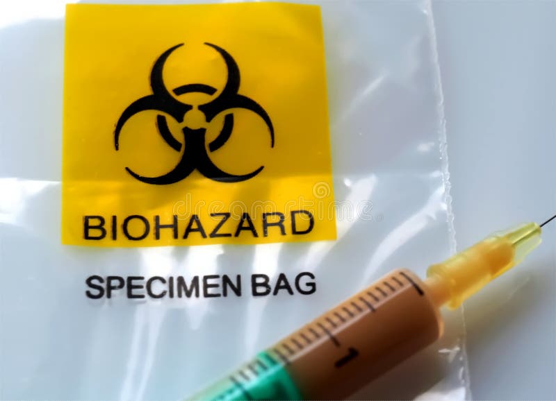 Biohazard Specimen Bag with a Syringe and Brown Liquid Stock Image ...