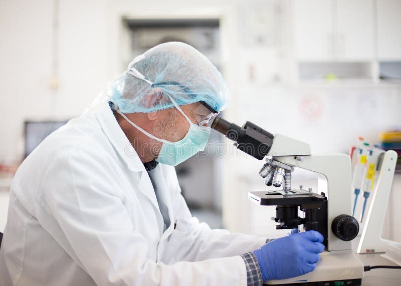 Biologist Looking through Microscope in Laboratory Stock Image - Image ...