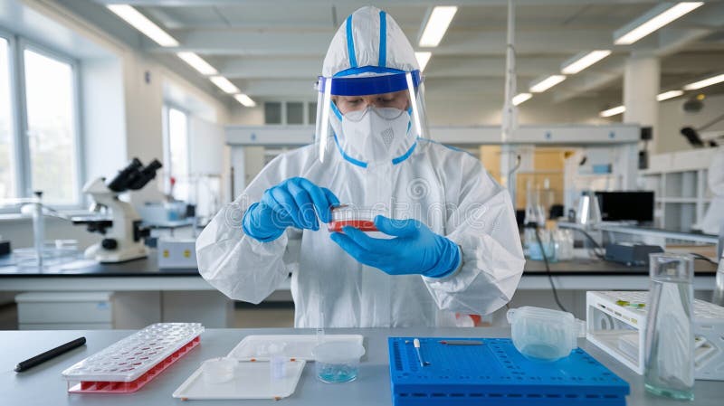 Biologist in Protective Suit Handling Sample in Laboratory Stock ...