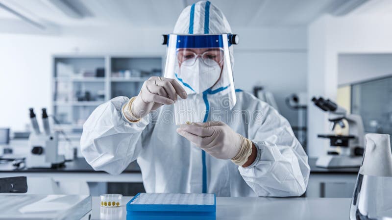 Biologist in Protective Suit Handling Sample in Laboratory Stock ...