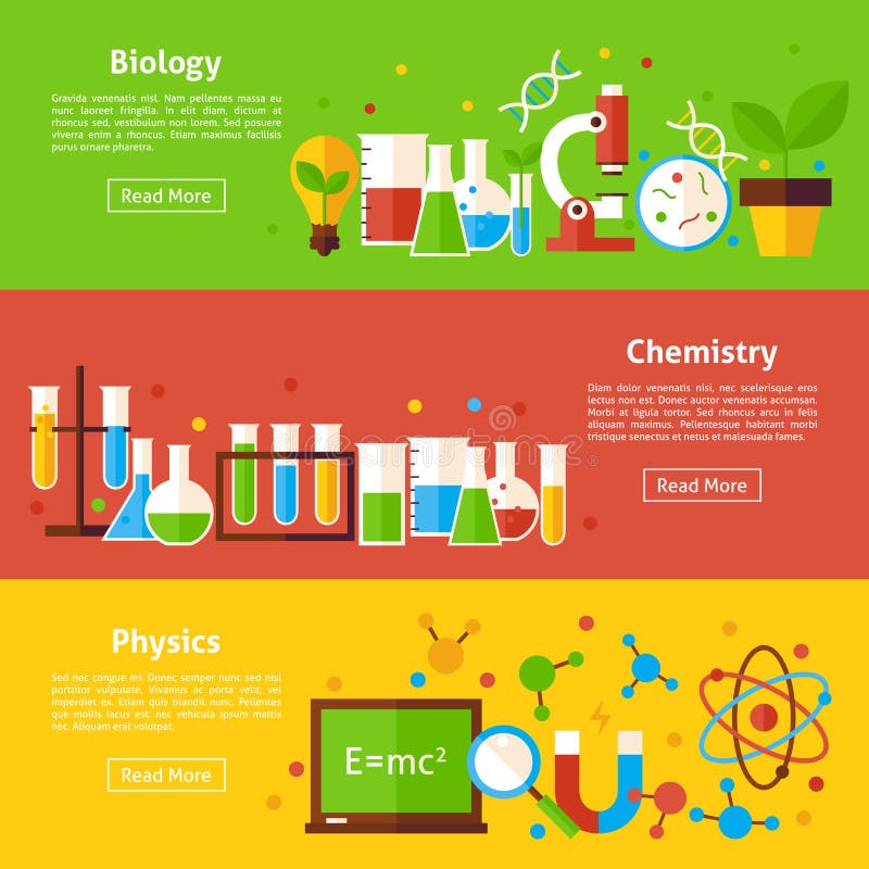 Biology Chemistry Physics Science Flat Horizontal Banners Stock Vector ...