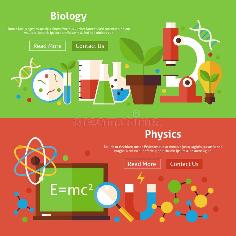 Biology Chemistry Physics Science Flat Horizontal Banners Stock Vector ...