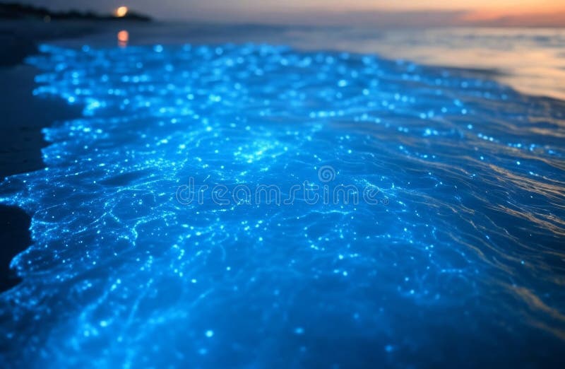 Bioluminescent Algae Concept with Luminous Night Waves Stock ...