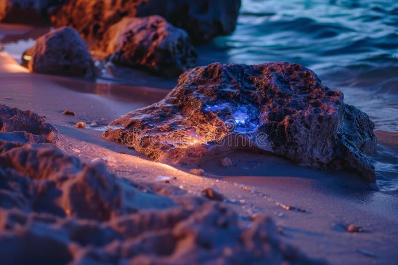 Bioluminescent Algae Glowing on Rocks at the Edge of a Beach at Sunset ...