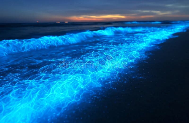 Bioluminescent Algae Lighting Ocean Waves Concept Stock Illustration ...