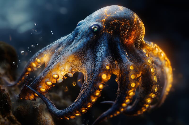Bioluminescent Alien Octopus in a Deep Underwater World Stock ...
