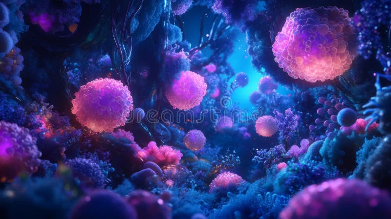 Bioluminescent Cells Glow in Deep Ocean Cave Stock Illustration ...