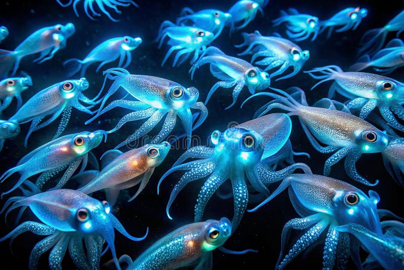 Bioluminescent Cephalopods Schooling in Deep Sea Stock Illustration ...
