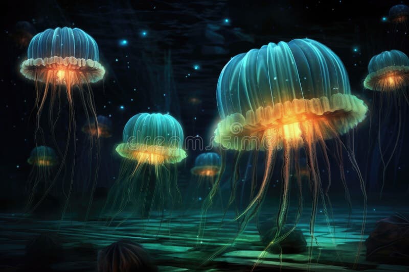 Bioluminescent Comb Jellies Creating a Light Show Underwater Stock ...