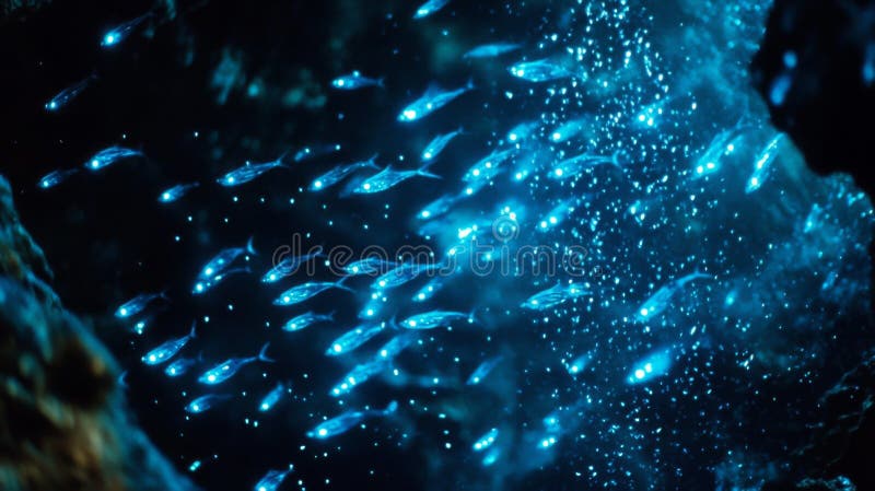 Bioluminescent Fish Swimming in Dark Water Stock Illustration ...